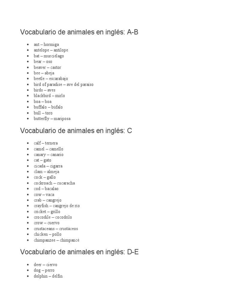 Vocabulario de Animales en Inglés | PDF | Naturaleza