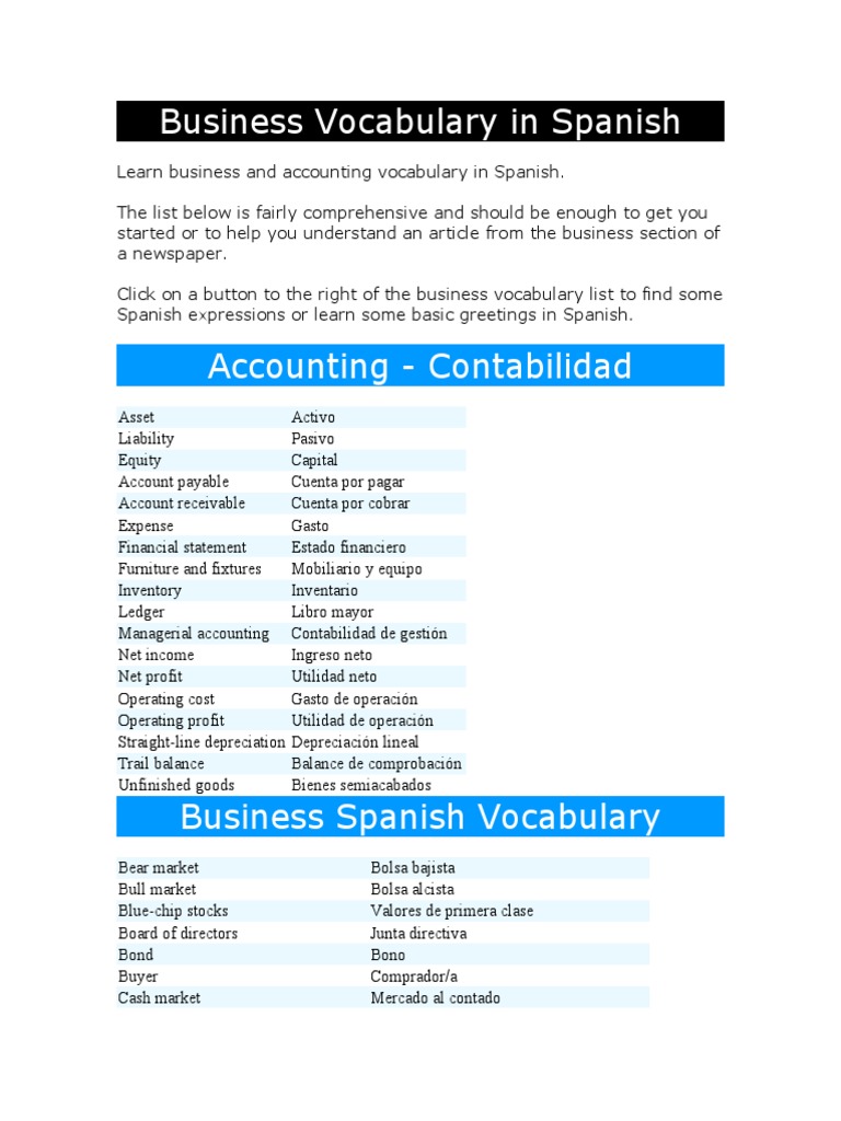 Business Vocabulary in Spanish | PDF | Servicios financieros | Negocios ...