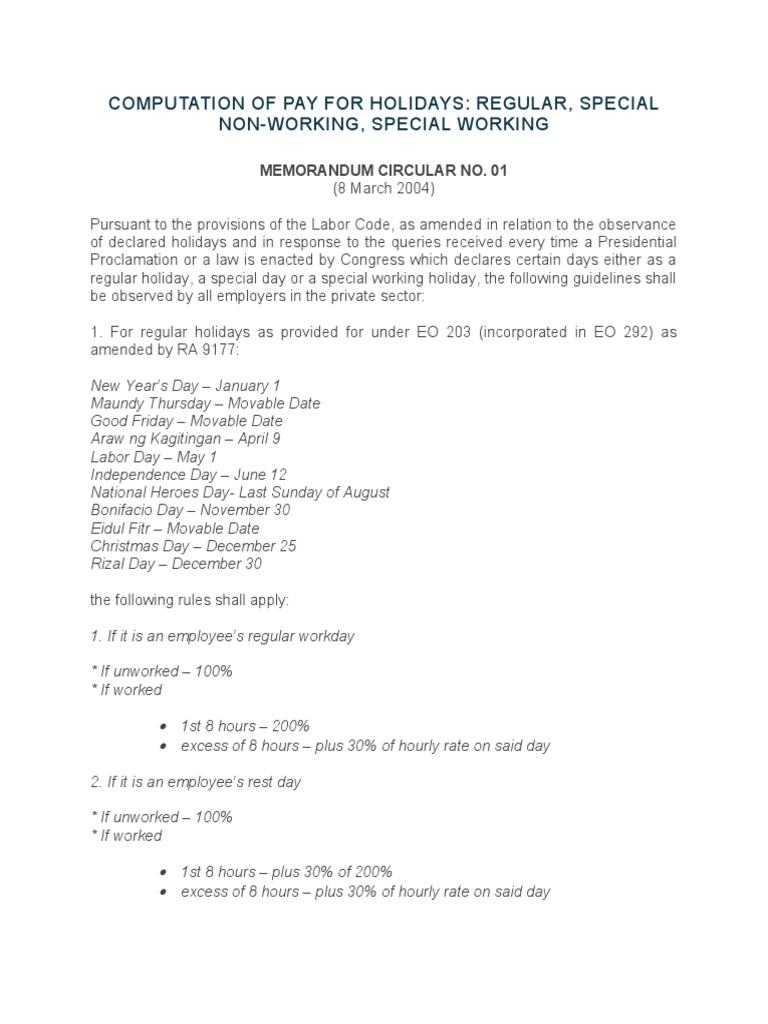 Computation of Pay for Holidays: Guidelines on Regular, Special Non ...