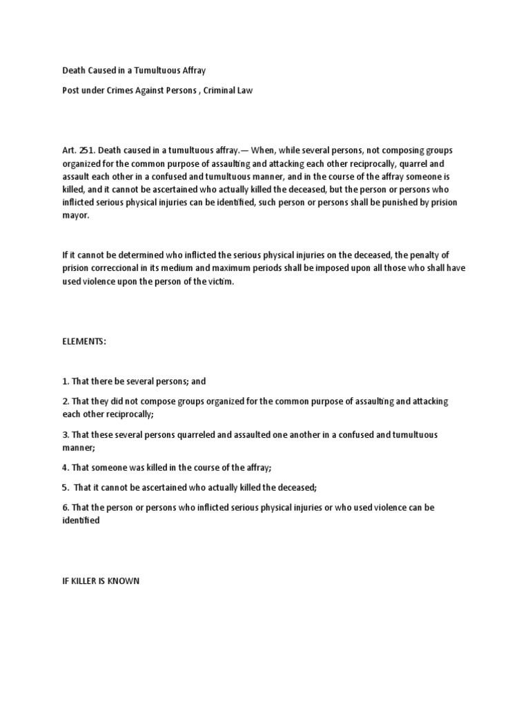 Death Caused in A Tumultuous Affray | PDF | Assault | Violence