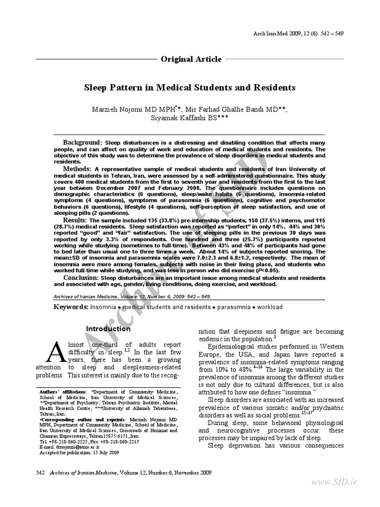 Archive of SID: Sleep Pattern in Medical Students and Residents | PDF ...
