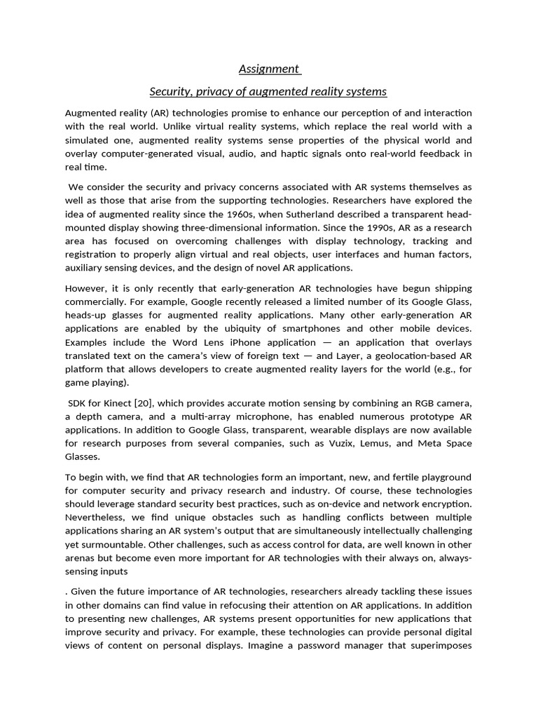 Assignment Security, Privacy of Augmented Reality Systems | PDF ...