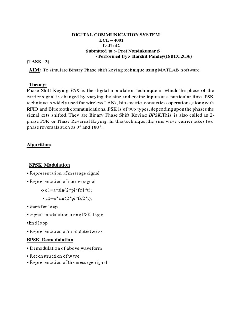 AIM: To Simulate Binary Phase Shift Keying Technique Using MATLAB ...