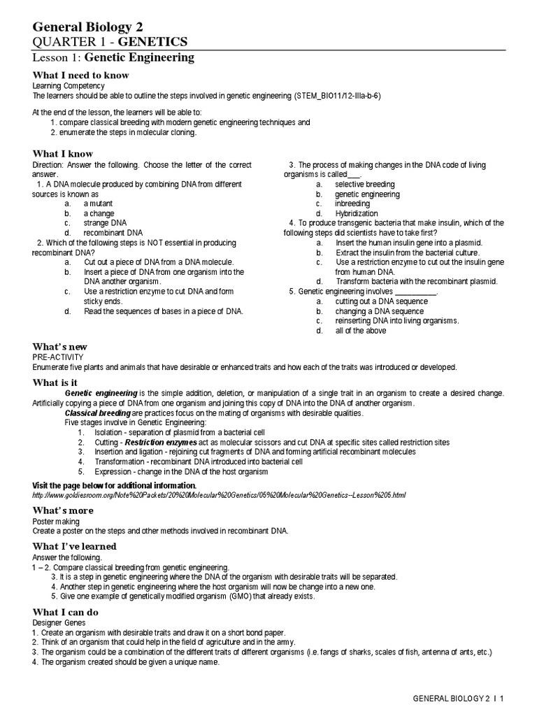 Lesson 1 Genetic Engineering | PDF | Genetic Engineering | Genetics
