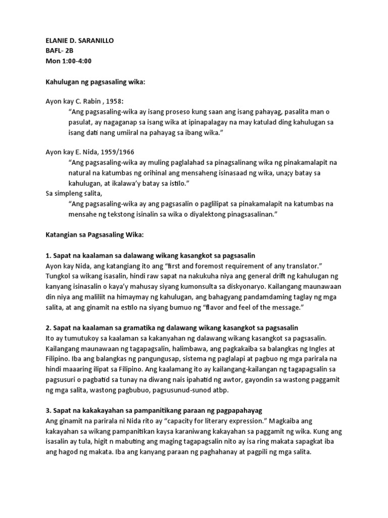 Kahulugan NG Pagsasaling Wika | PDF