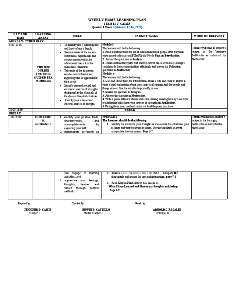 WHLP PFA and Homeroom Guidance Week2 | PDF | Learning | Psychology