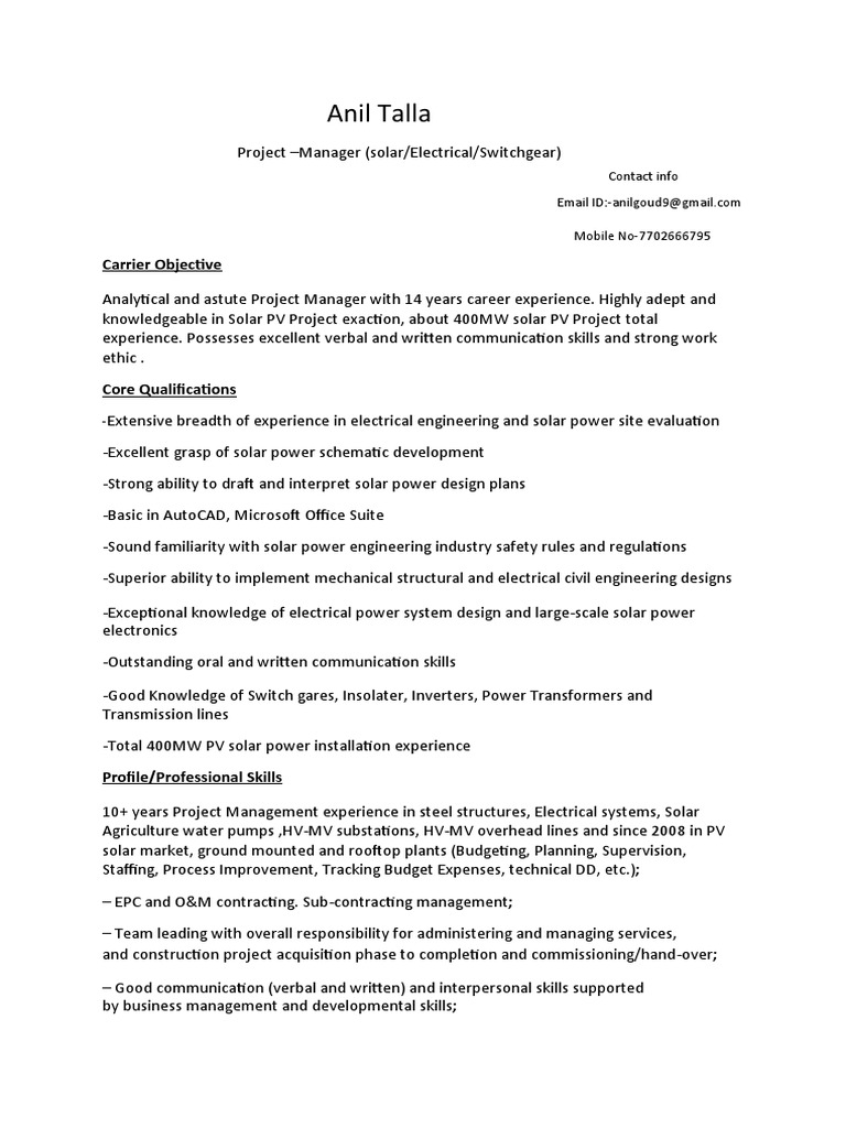 Project Manager Anil Talla Solar Electrical Switchgear Resume | PDF ...
