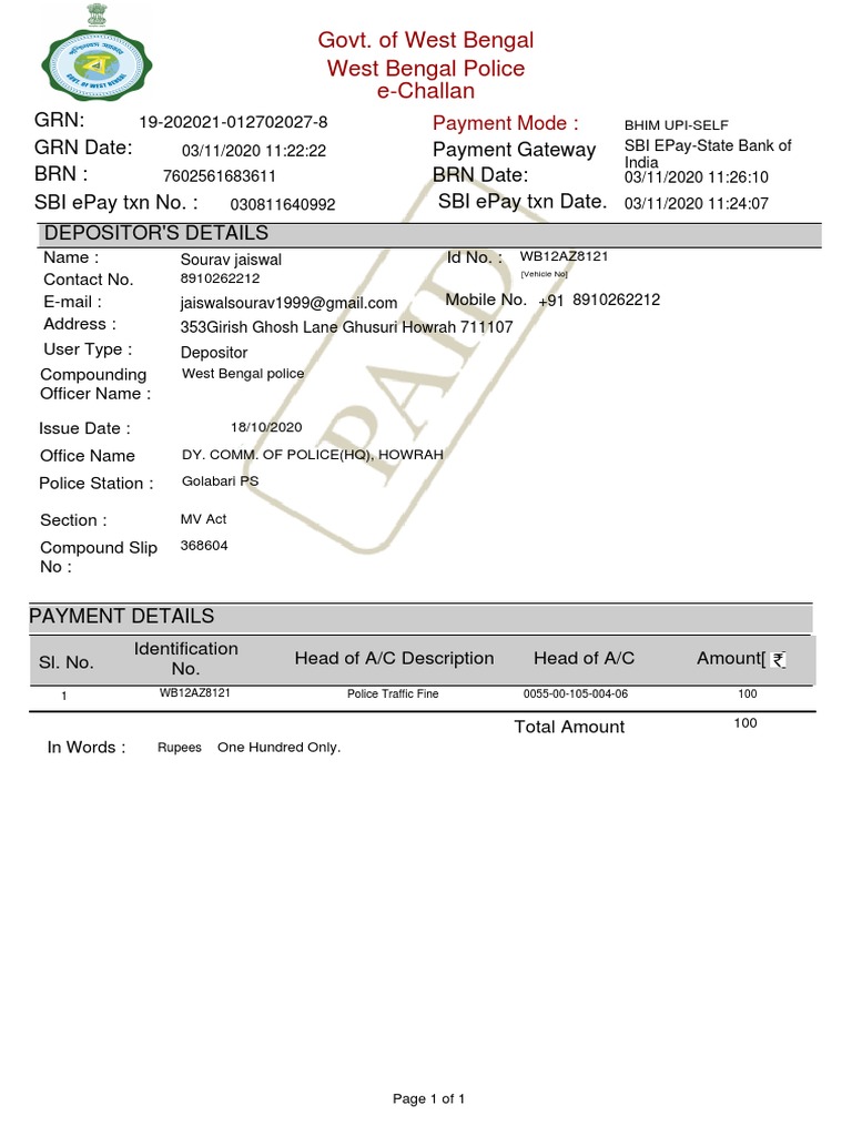Govt. of West Bengal E-Challan West Bengal Police: GRN: GRN Date ...