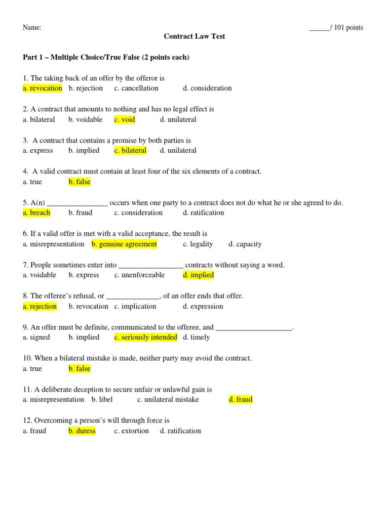 Contract Law Test Part 1 - Multiple Choice/True False (2 Points Each ...