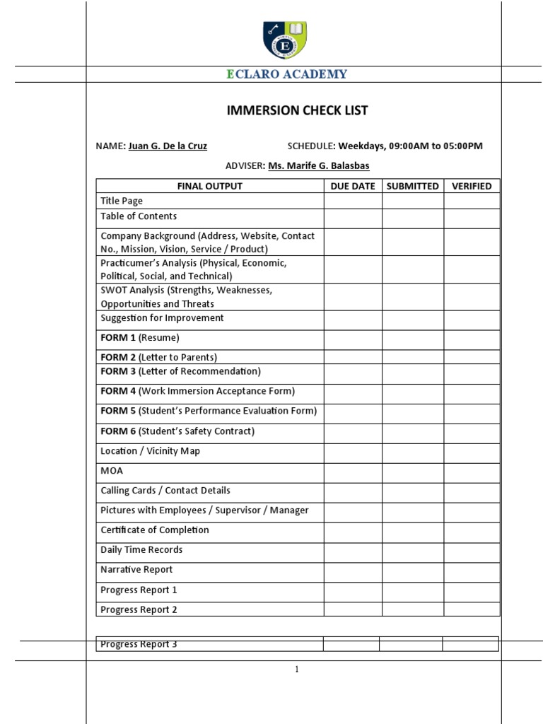 Eclaro Academy Immersion Checklist | PDF | Teachers | Literacy