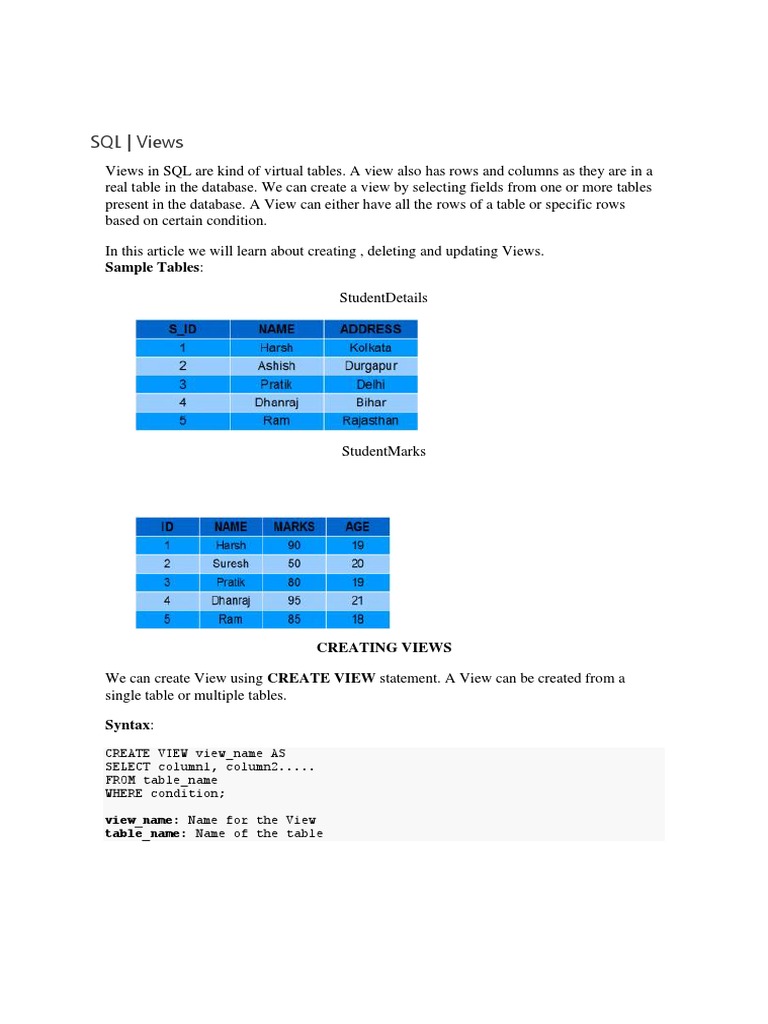 SQL - Views: Sample Tables | PDF | Table (Database) | Data