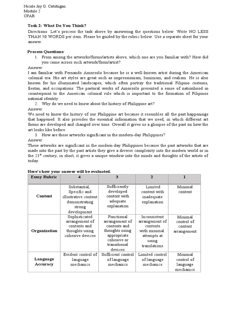 Cpar Answer Sheet Module 2 | PDF | Paintings | Arts (General)