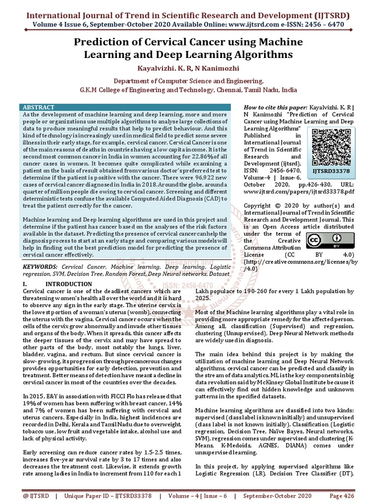 Prediction of Cervical Cancer Using Machine Learning and Deep Learning ...