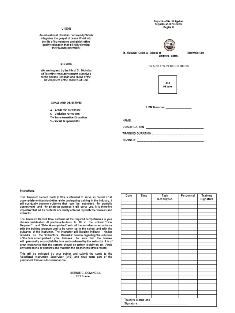 Trainee Record Book for St. Nicholas School | PDF | Occupational Safety ...
