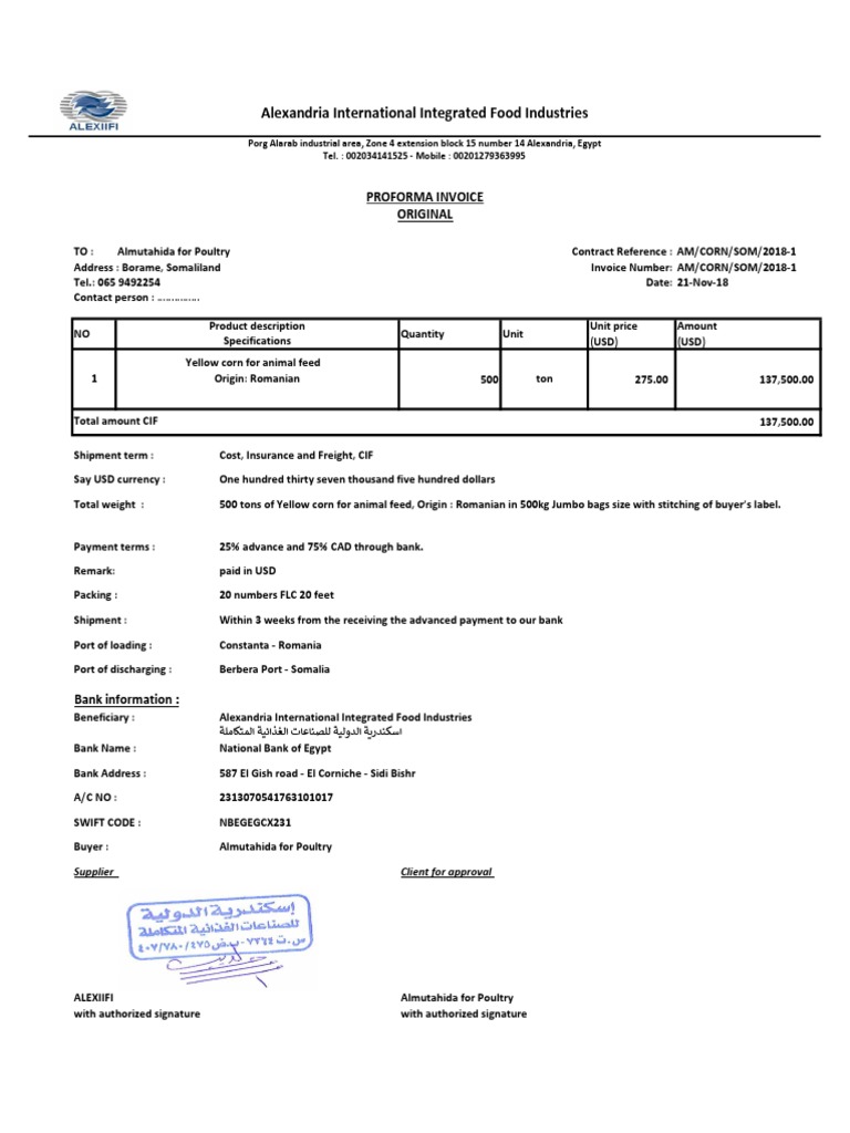 Proforma Invoice for Yellow Corn Shipment | PDF | Business | Shipping ...