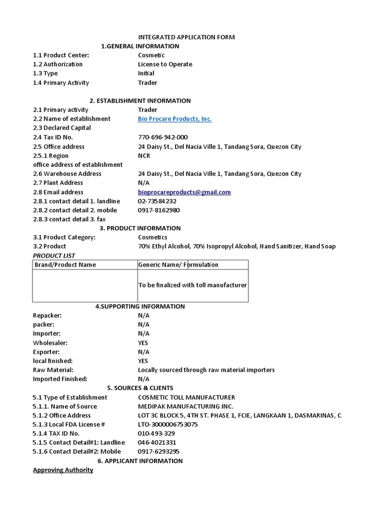 INTEGRATED APPLICATION FORM - BIO PROCARE With Data | PDF | Business