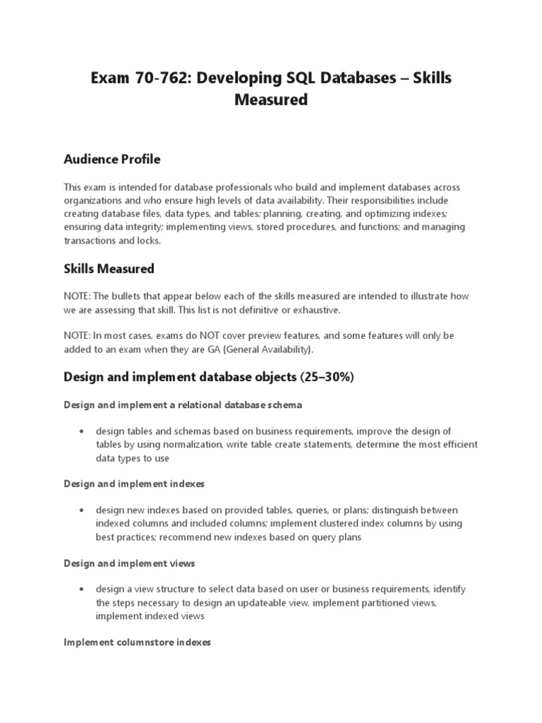 Exam 70-762: Developing SQL Databases - Skills Measured: Audience ...