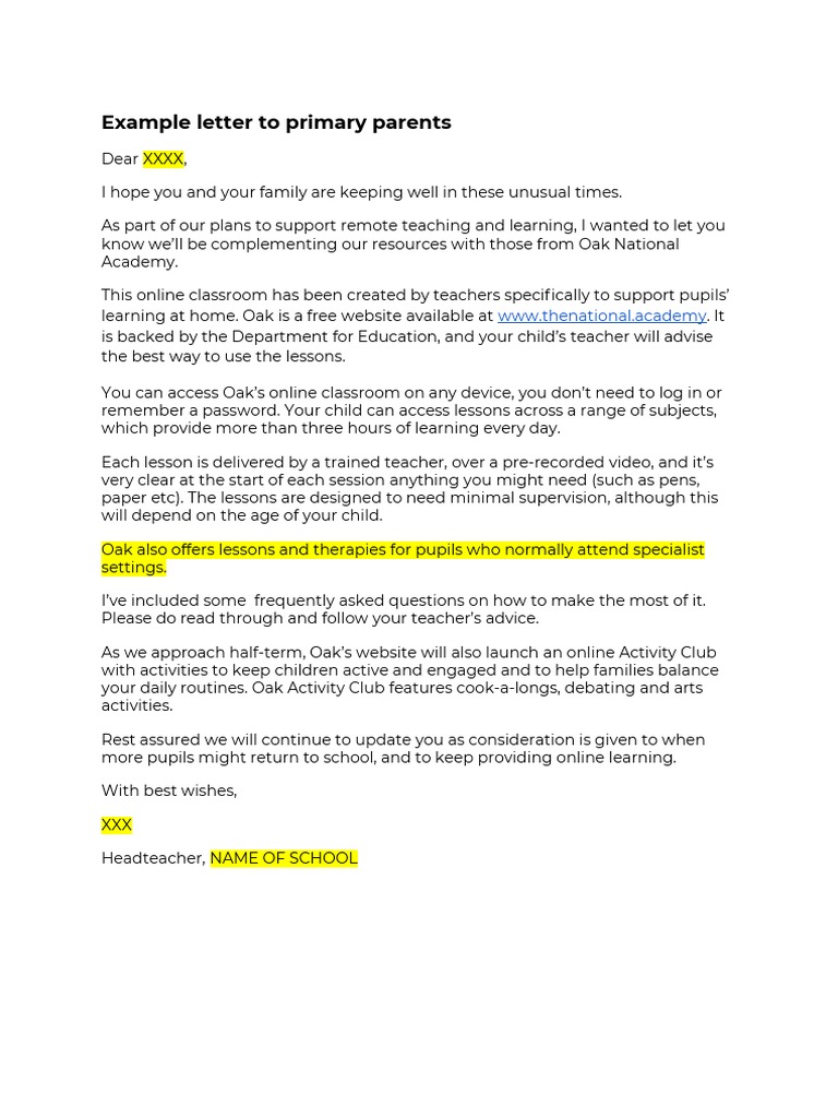 Template Parents Letter - Primary | PDF
