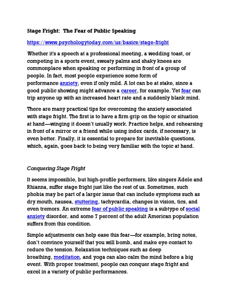 Stage Fright: The Fear of Public Speaking | PDF | Clinical Psychology ...