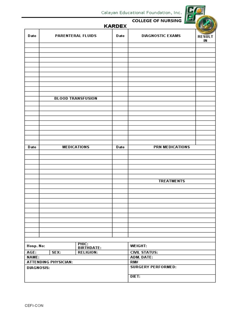 Patient Kardex for Calayan Educational Foundation College of Nursing | PDF