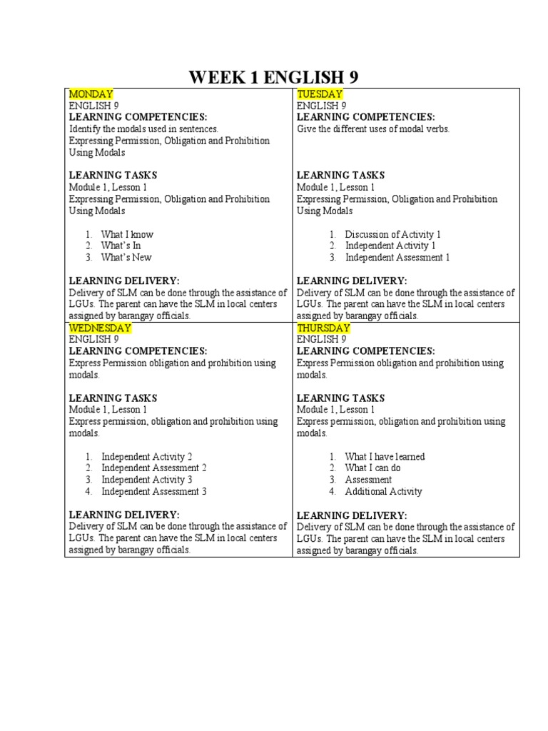 Week 1 English 9: Learning Competencies: Learning Competencies | PDF ...