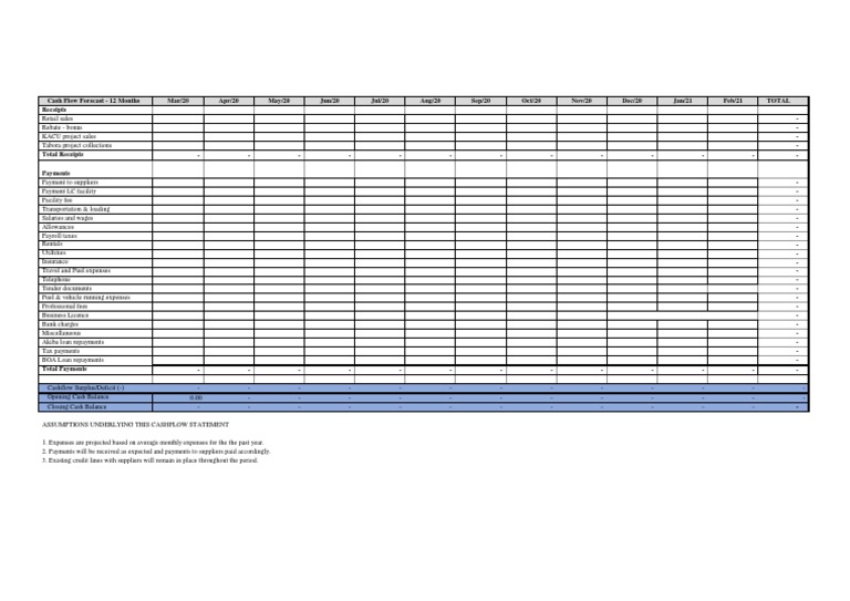 12-Month Cash Flow Forecast Template | PDF | Payments | Fee