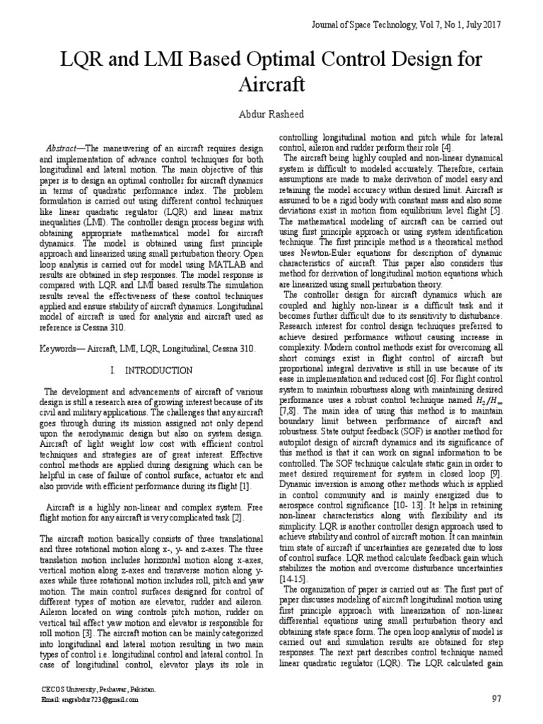 LQR and Lmi Based Optimal Control Design For Aircraft PDF | PDF | Flight Dynamics (Fixed Wing ...
