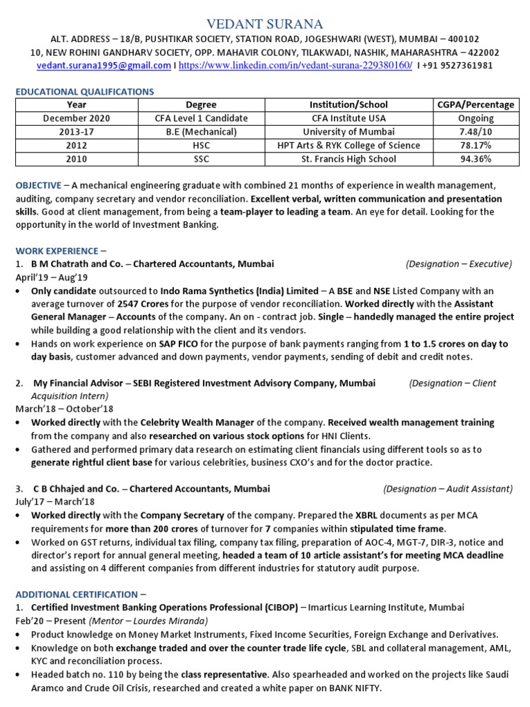 Vedant Surana - Imarticus Resume PDF | PDF | Wealth Management | Banks