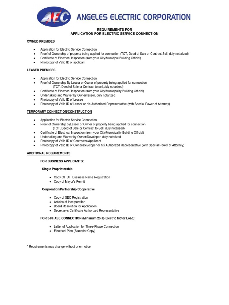 Requirements for Electric Service Connection | PDF