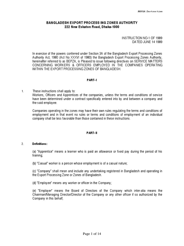 BEPZA Service Rules for Employees | PDF | Layoff | Employment