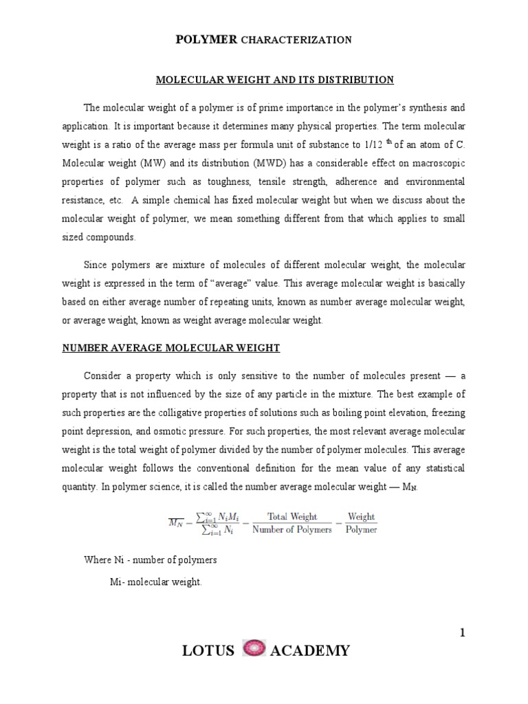 POLYMER CHARACTERIZATION Sheet | PDF | Polymers | Molecular Mass