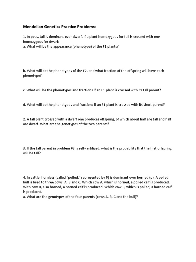 Mendelian Genetics Practice Problems | PDF | Dominance (Genetics ...
