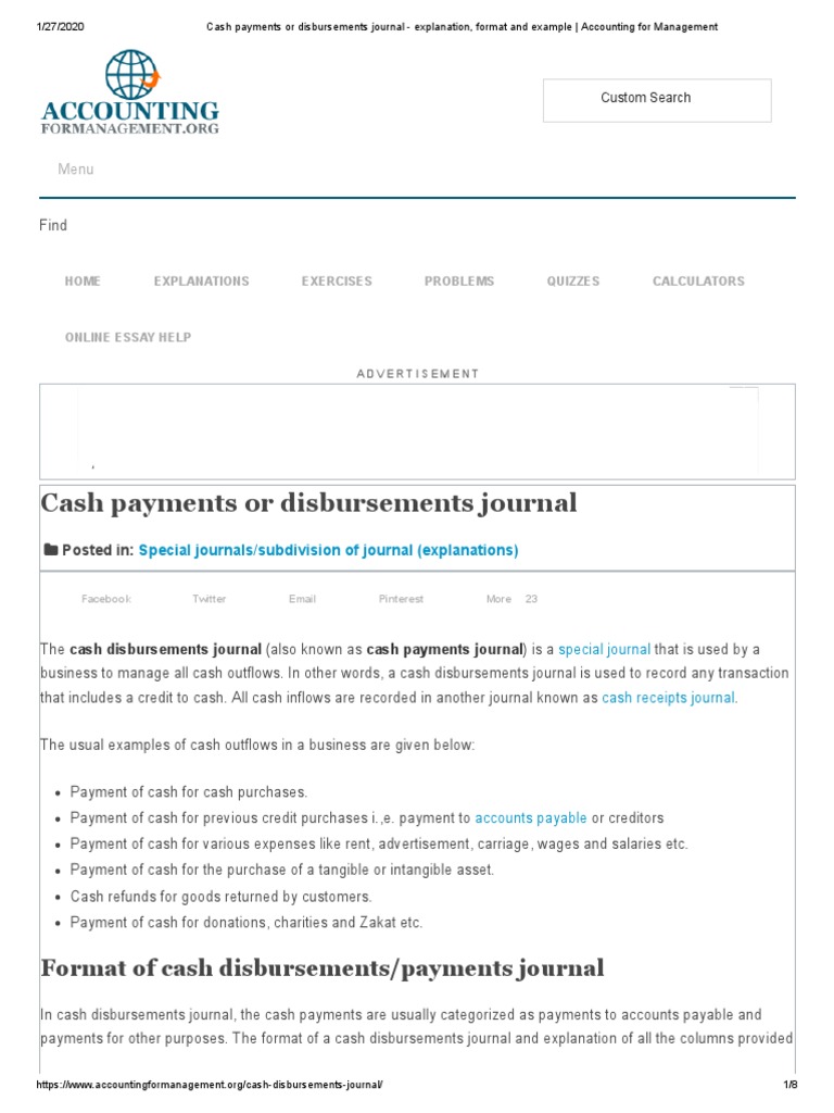Cash Payments or Disbursements Journal - Explanation, Format and ...