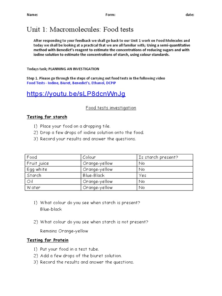 Unit 1: Macromolecules: Food Tests: Outu - Be/Slp8Dcnwnj G | PDF ...