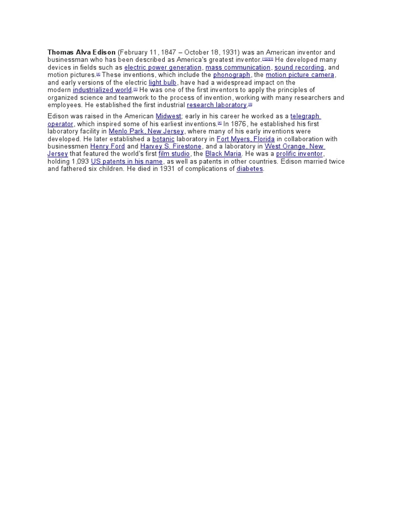 Thomas Alva Edison: Life and Inventions | PDF
