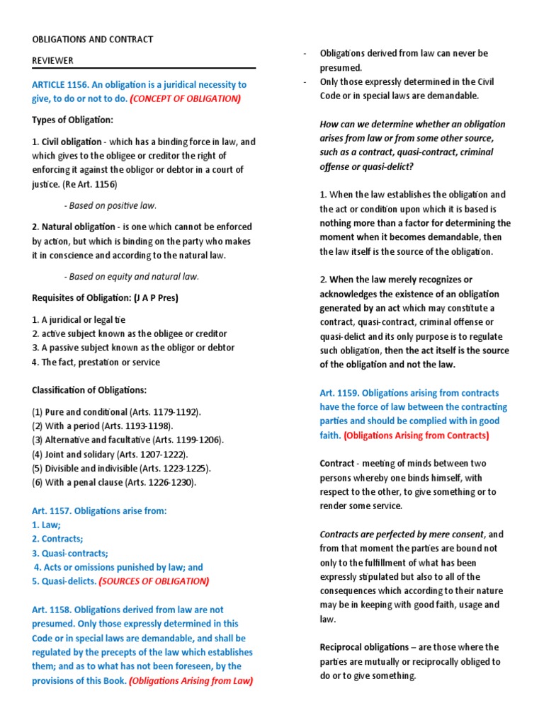OBLIGATIONS AND CONTRACT Reviewer | PDF | Negligence | Law Of Obligations