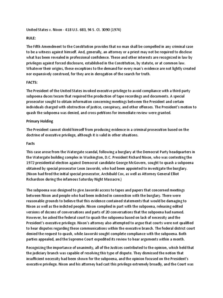 United States v. Nixon Executive Privilege Checked | PDF | Executive ...