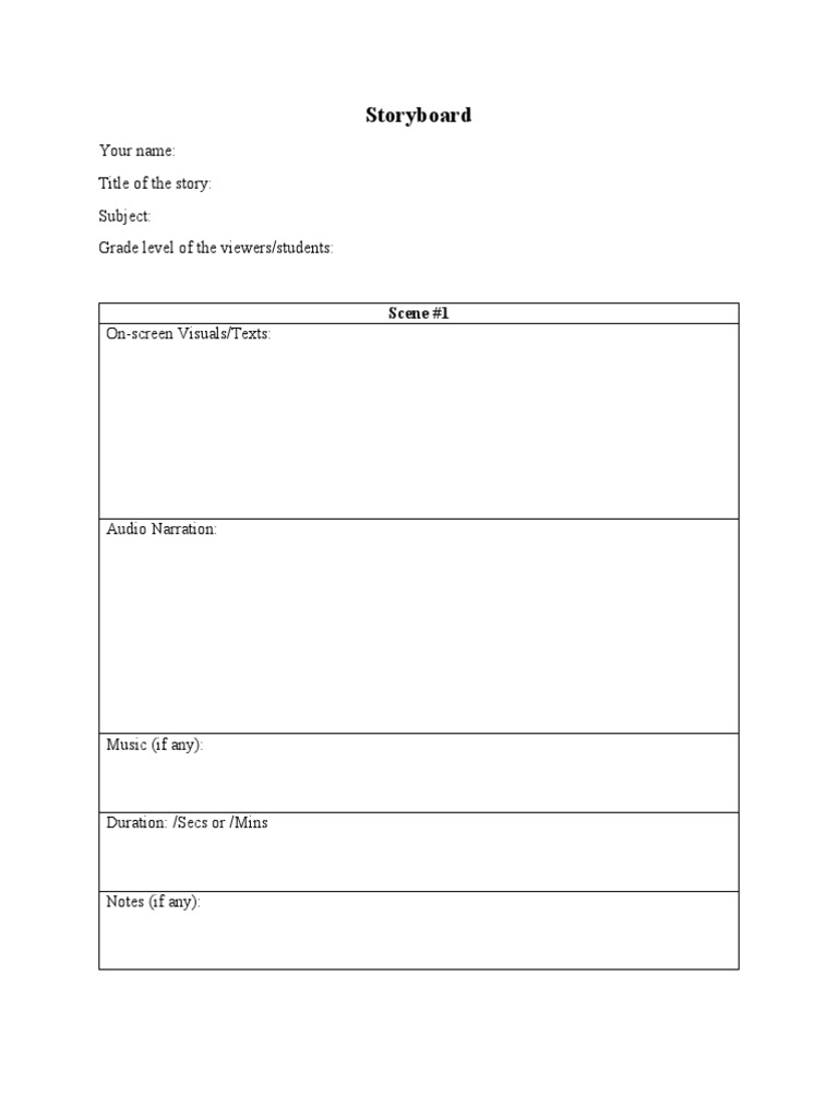 Storyboard: Your Name: Title of The Story: Subject: Grade Level of The ...