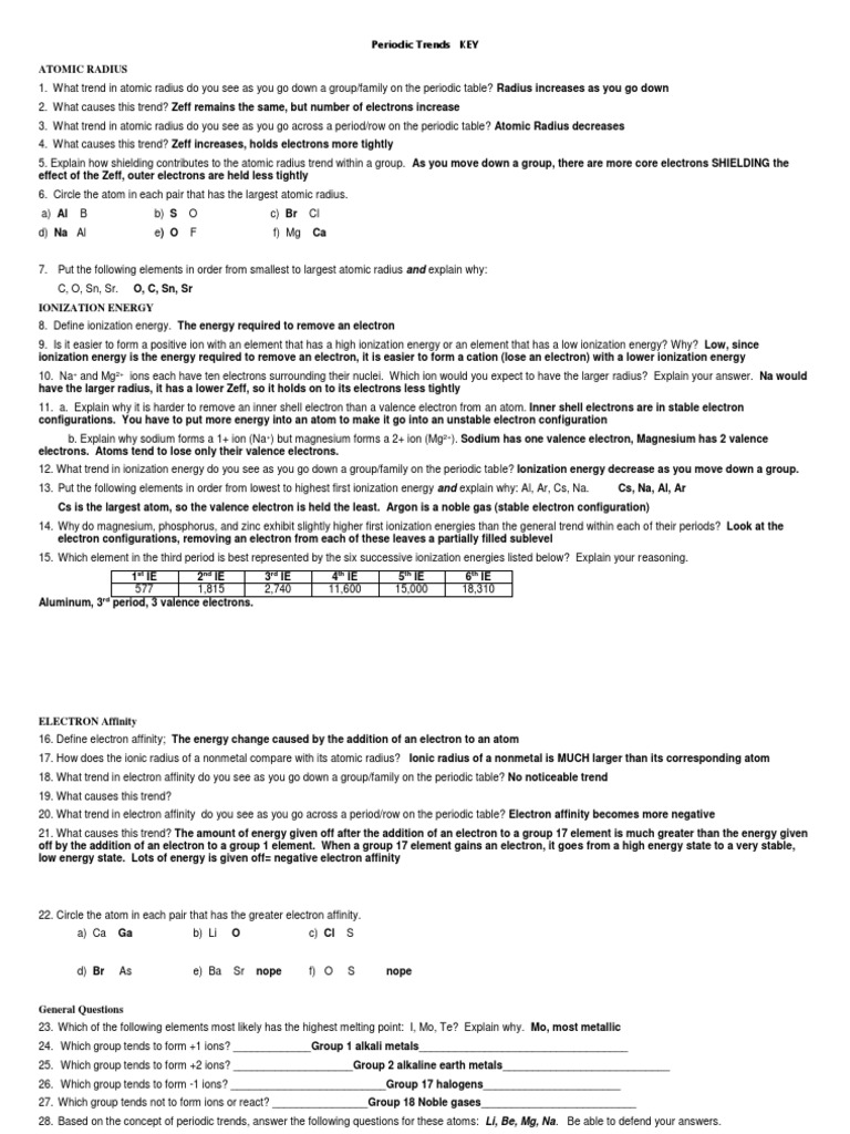 Periodic Trends Practice Test KEY | PDF | Ion | Periodic Table
