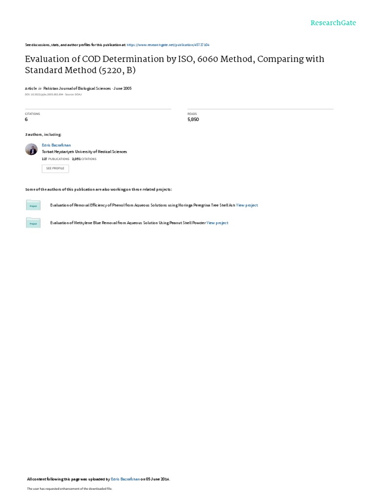 Evaluation of COD Determination by ISO, 6060 Method, Comparing With ...