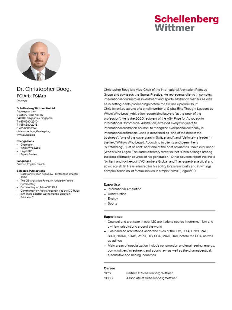 Dr. Christopher Boog,: Fciarb, Fsiarb | PDF | Lawyer | Arbitration