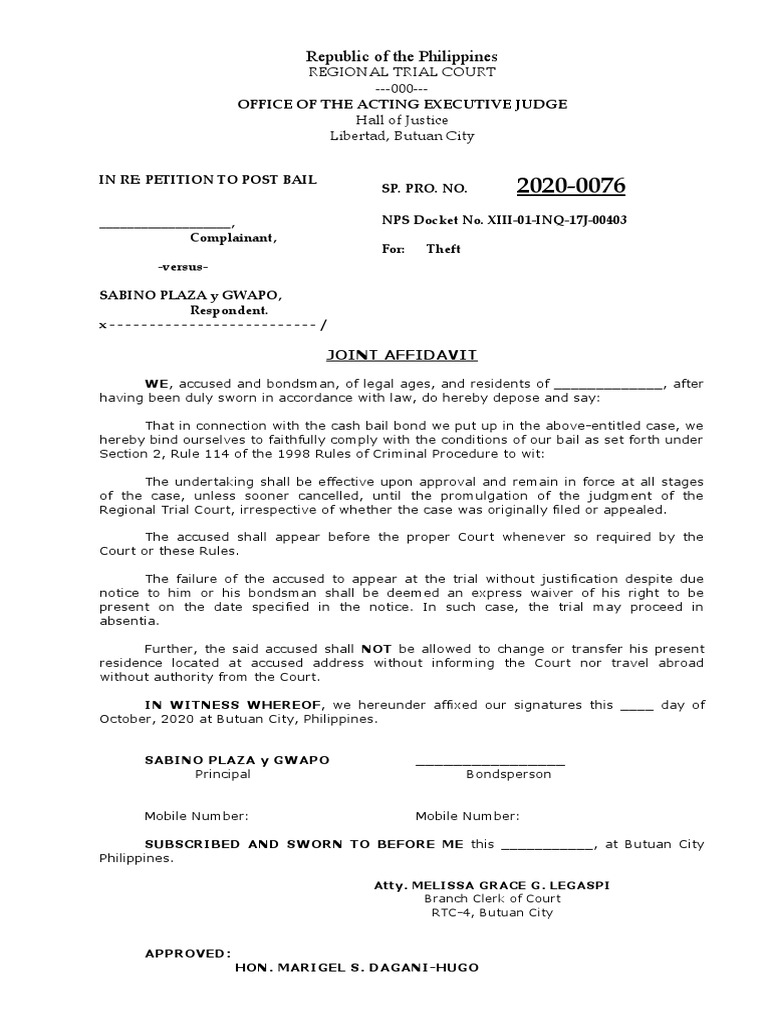 2.B Sample Bail Bond Undertaking For Judge Hugo Both Cash and Surety ...