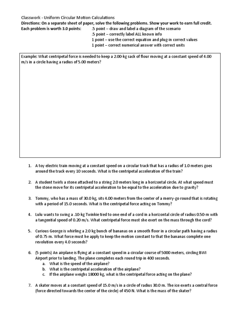 Classwork - Uniform Circular Motion Calculations | PDF