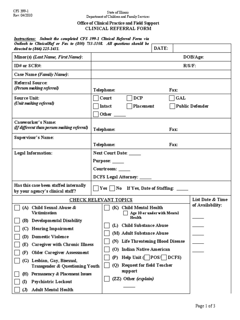CFS 399-1 Clinical Referral Form (Fillable) | PDF | Child Protective ...