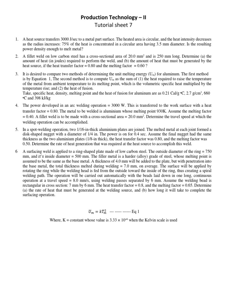 Production Technology - II: Tutorial Sheet 7 | PDF | Welding | Construction