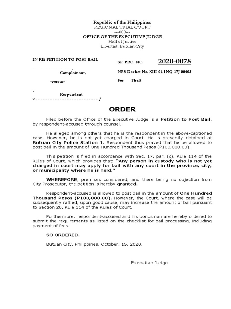 1.A Sample Order Granting Petition To Post Bail - Blank | PDF