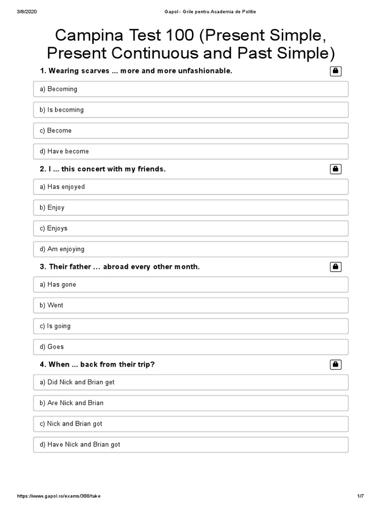 Present Tense Grammar Test | PDF