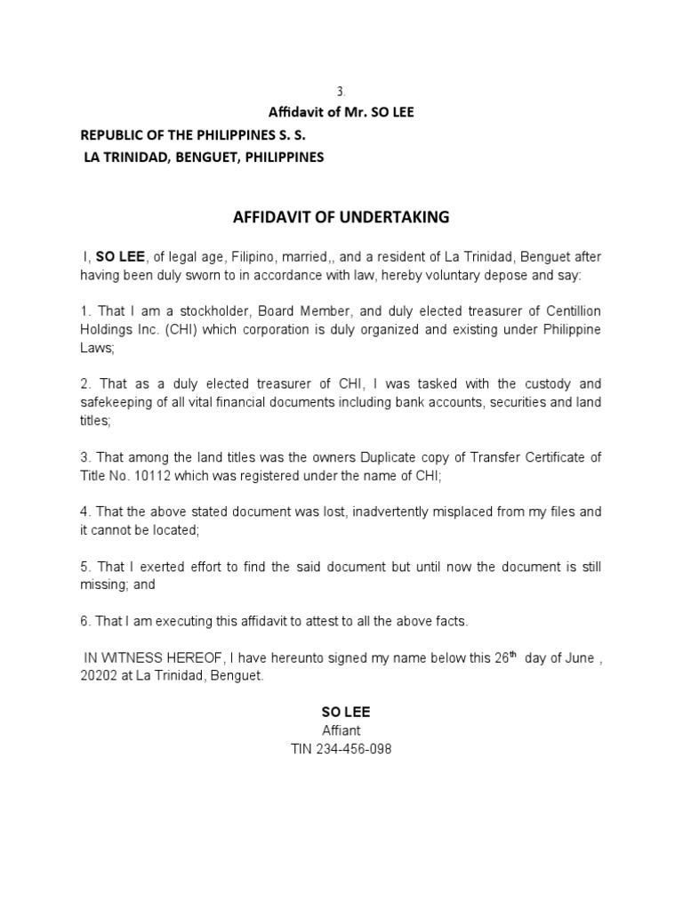 Affidavit Undertaking Lost Land Title | PDF