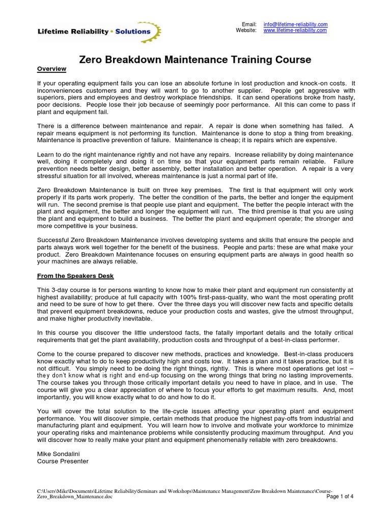 Zero Breakdown Maintenance Training Course: Email: Website | PDF | Reliability Engineering ...