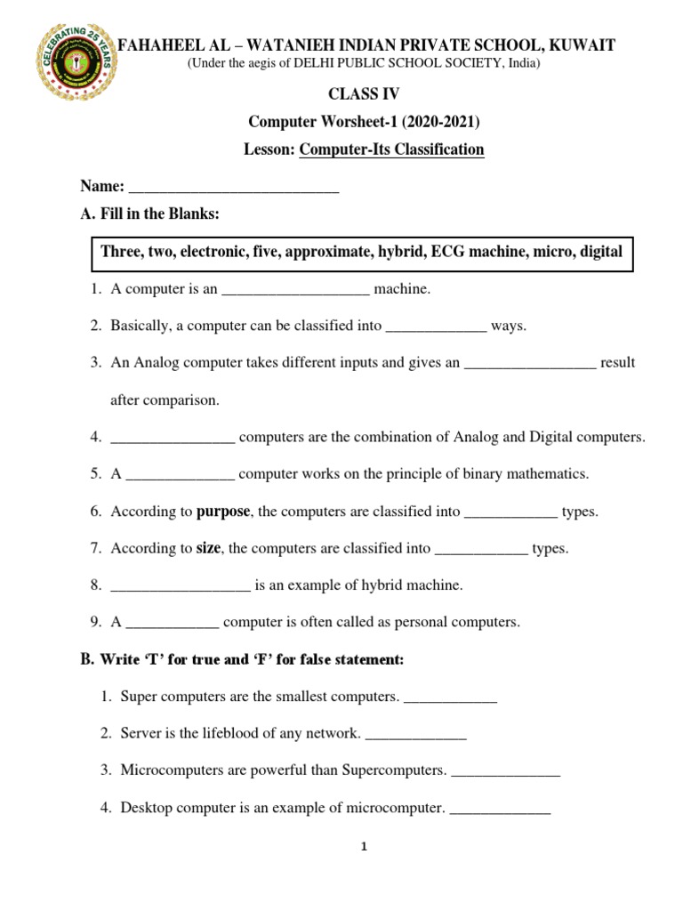 Worksheet 1 - Ls. Computer - Its Classification | PDF
